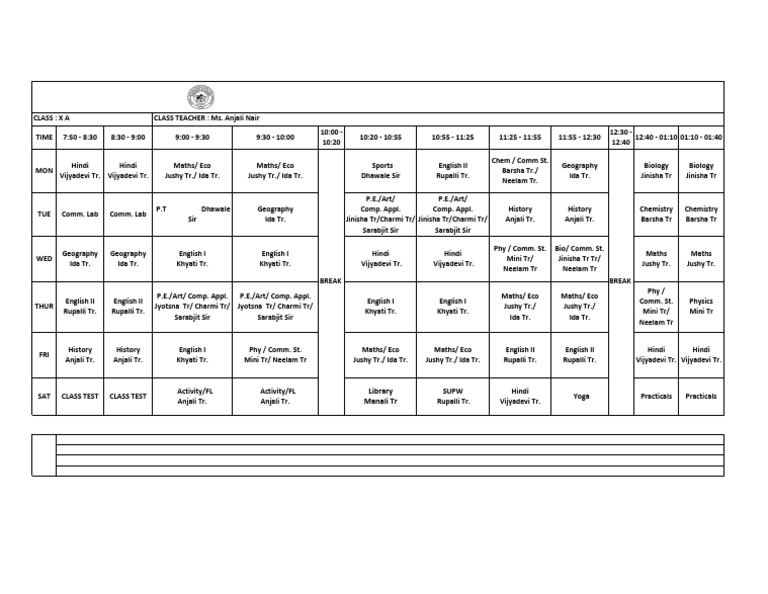 X A Class Latest Time Table 2023-24 | PDF