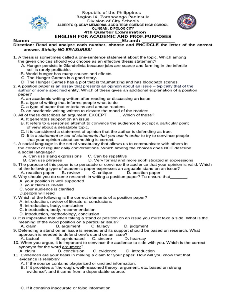 EAPP-4th-Q Test Question 2023 | PDF | Argument | Questionnaire