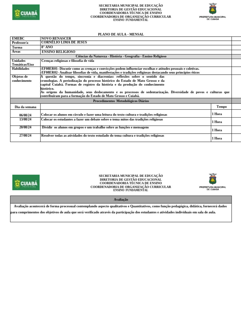 Plano Mensal en - Religioso 8ano | PDF | Educación en artes liberales ...
