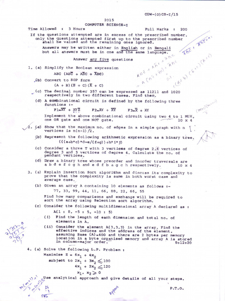 WBCS Main 2015 Question Paper - Computer Science Paper I | PDF