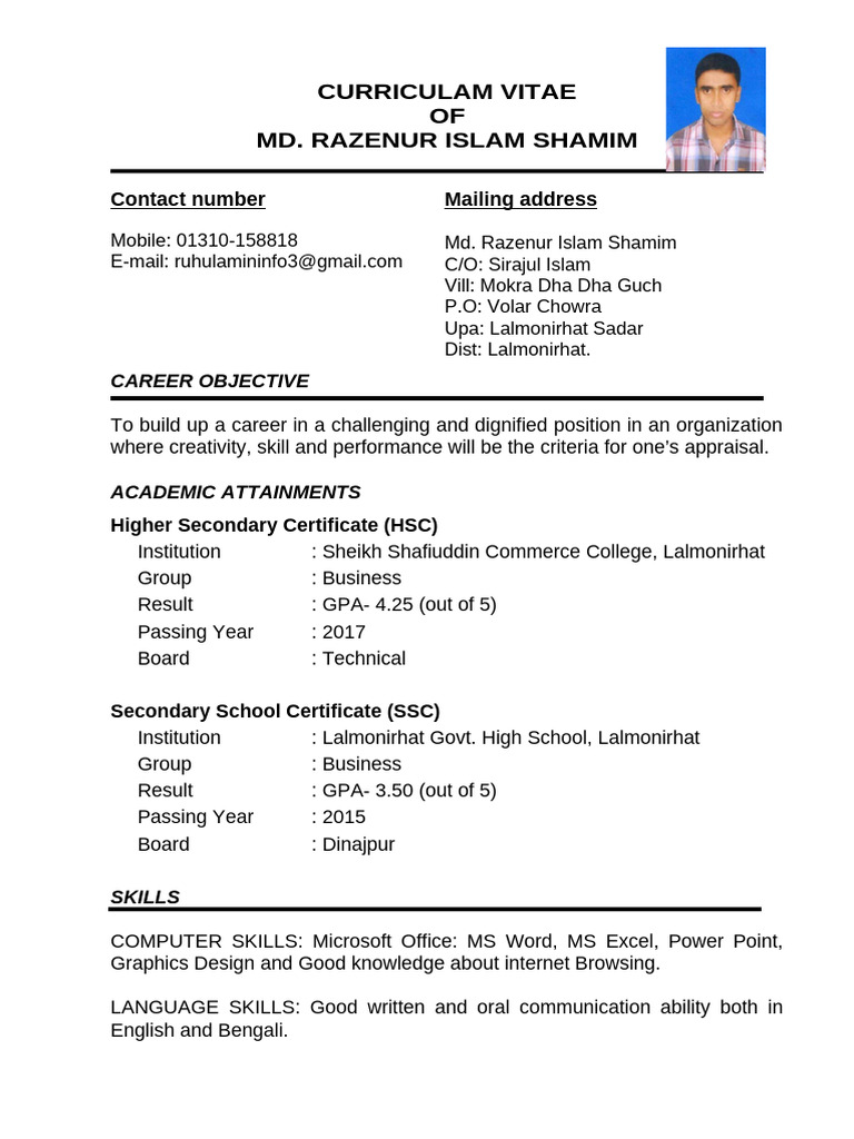 Curriculam Vitae OF Md. Razenur Islam Shamim: Contact Number Mailing ...