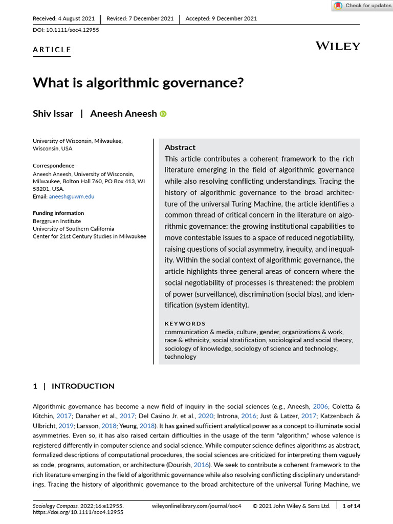 ALGORITMOS - Sociology - Compass - 2021 - Issar - What - Is - Algorithmic - Governance | PDF