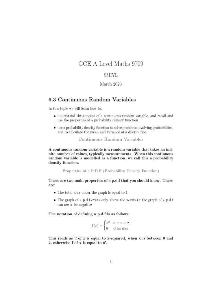GCE A Level Continuous Random Variables | PDF GCE A Level Continuous Random Variables | PDF
