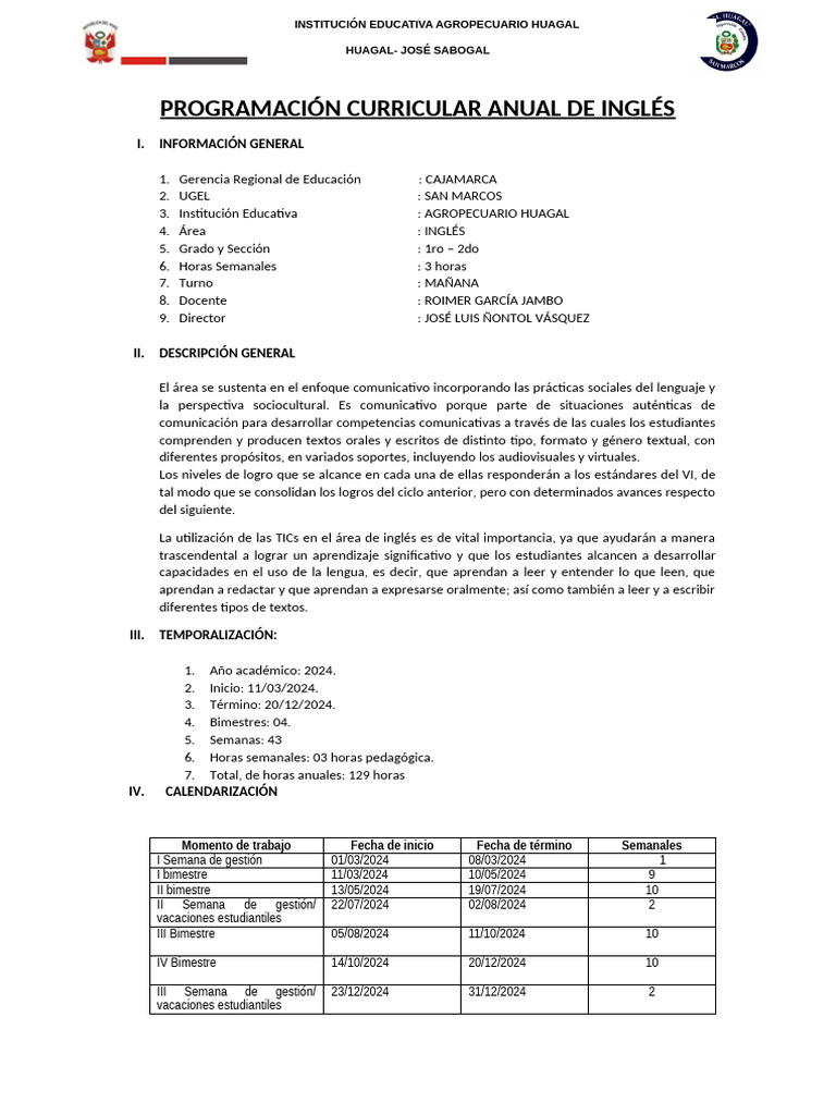Programación Curricular Anual de Inglés 1er 2do Grado | PDF
