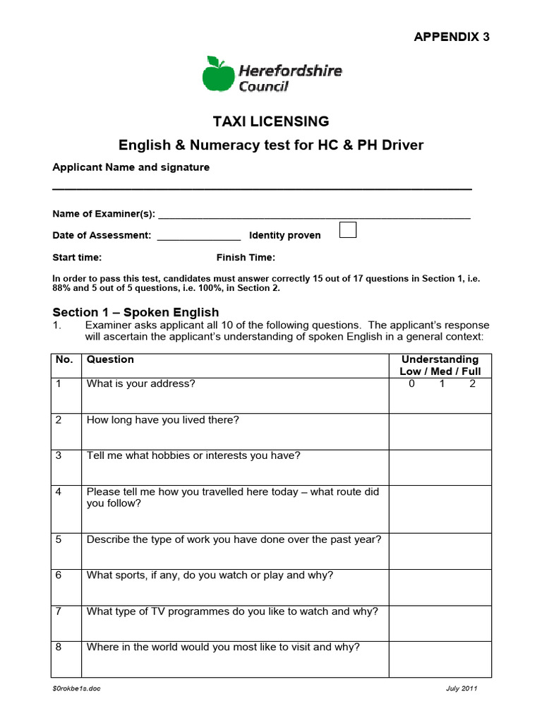 5C HCPH Driver - Spoken English and Numeracy Test | PDF