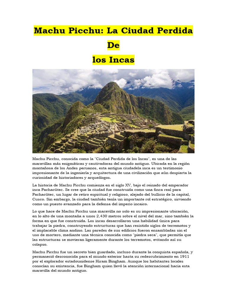Machu Picchu La Ciudad Perdida de Los Incas | PDF