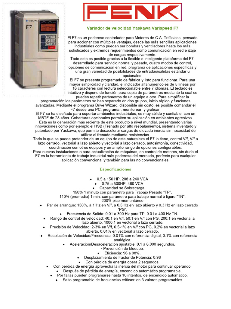 Variador de Velocidad Yaskawa Varispeed F7: Especificaciones | PDF
