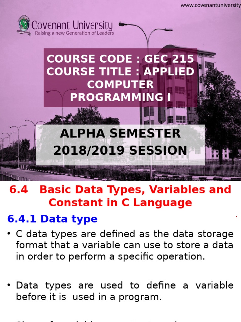 Module 6b Datatypes Variable And Constants In C Newupdate Pdf