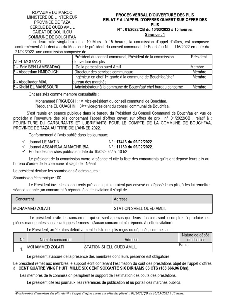 PV Ouverture Des Plis GASOIL 2022 | PDF