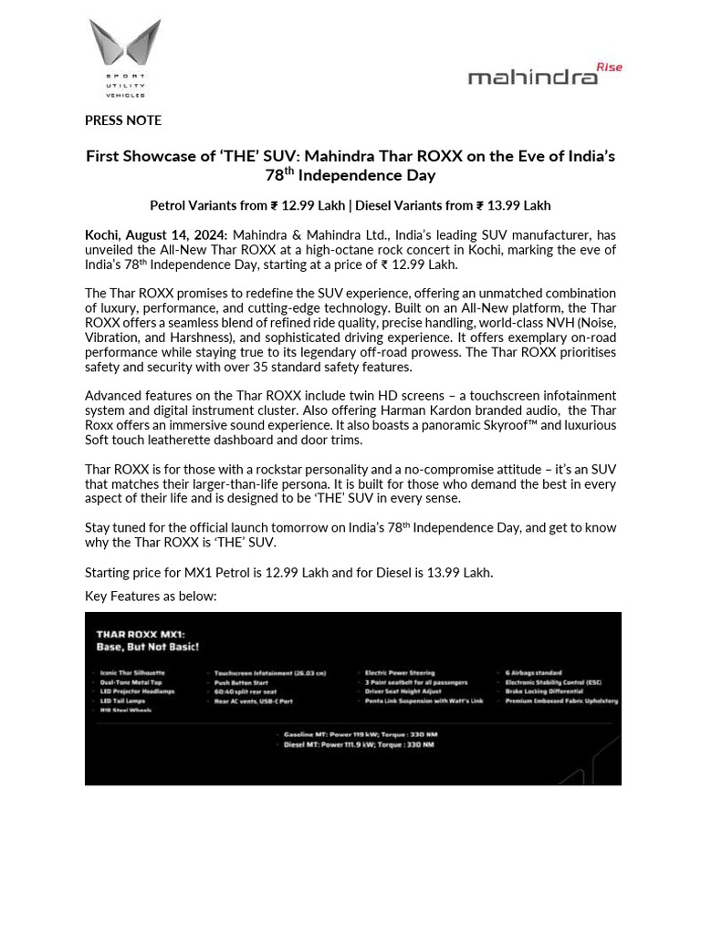 Press-Note-First-Showcase-of-THE-SUV-Mahindra-Thar-ROXX-on-the-Eve of-India-78th-Independence ...