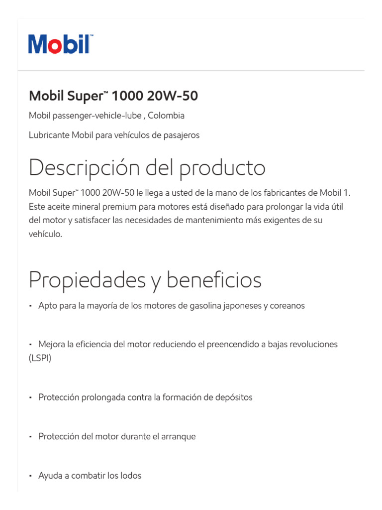 Ficha tecnica Mobil Super™ 1000 20W-50 | PDF