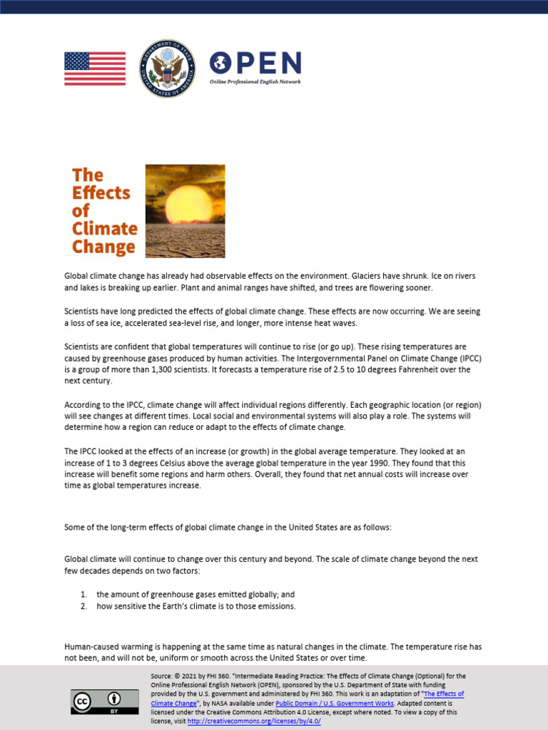 Intermediate Reading Practice - The Effects of Climate Change | PDF
