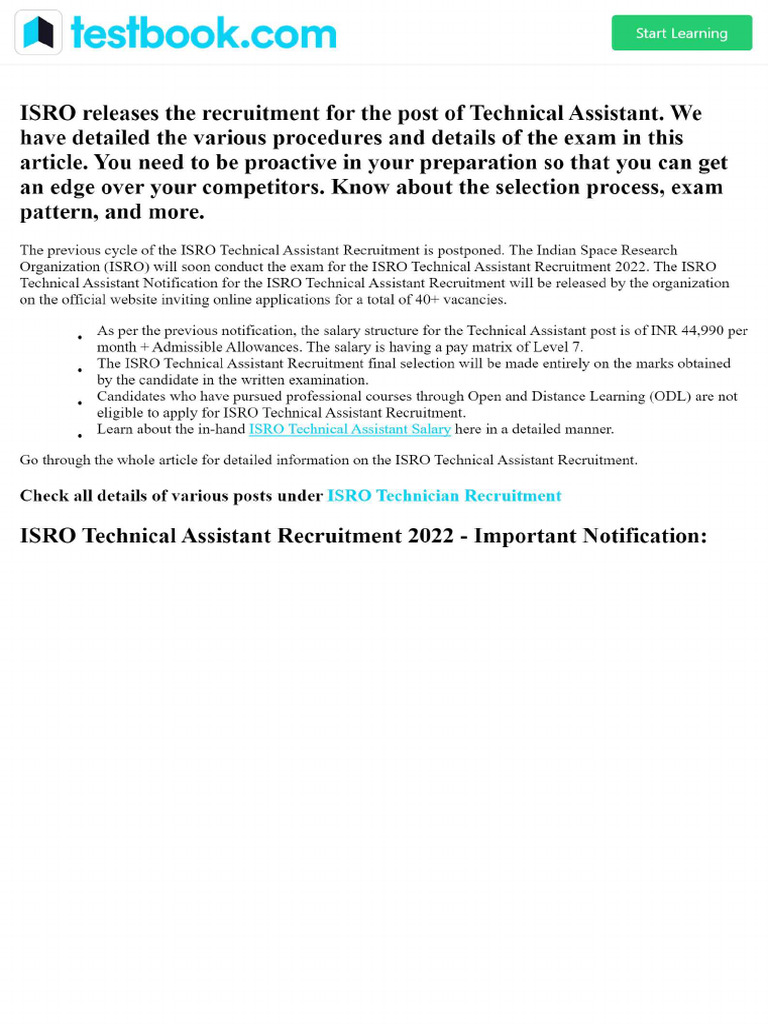ISRO Technical Assistant Recruitment Notification 2022exam Info | PDF