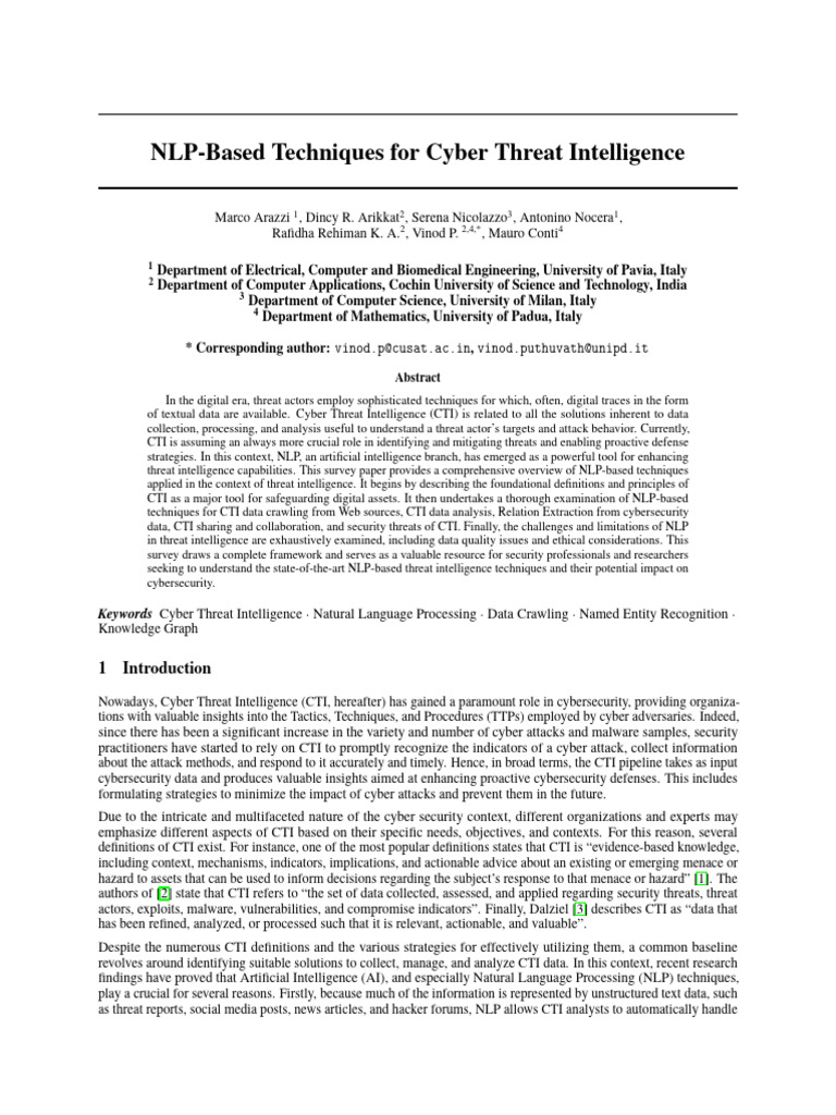 NLP-Based Techniques For Cyber Threat Intelligence | PDF