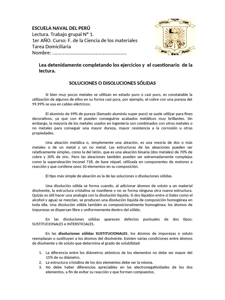 Tarea 2 Domiciliaria DISOLUCIONES SÓLIDAS | PDF