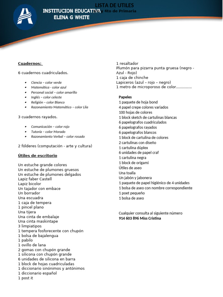 LISTA ÚTILES 3ro y 4to de Primaria | PDF