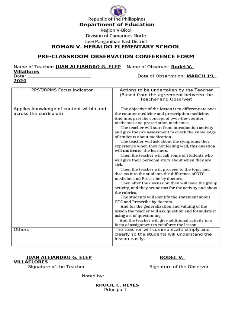 PRE POST Observation Form 1 | PDF | Teachers | Over The Counter Drug