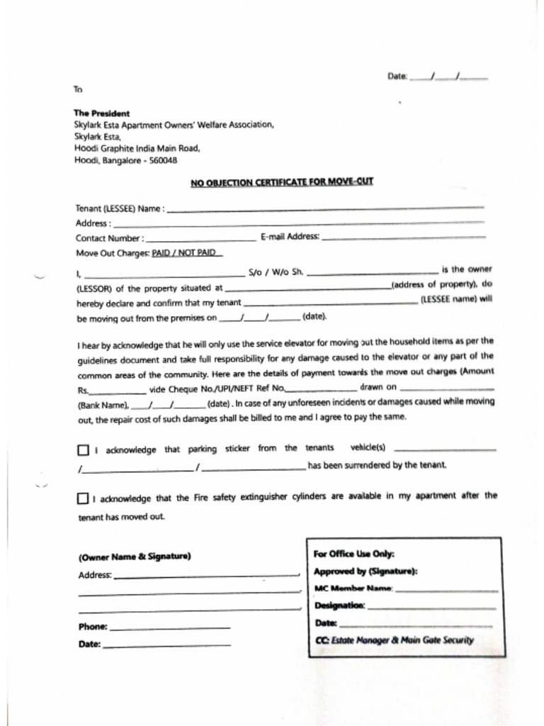 Move in Out Form | PDF