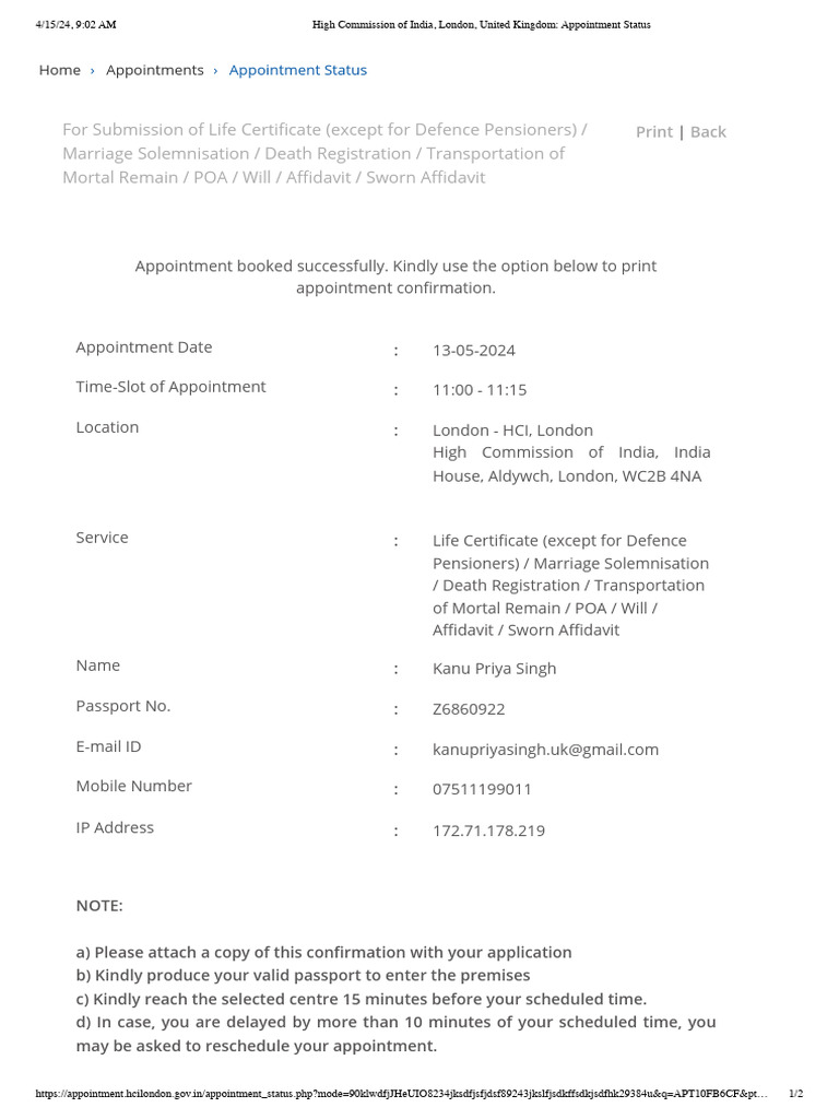 High Commission of India, London, United Kingdom - Appointment Status | PDF