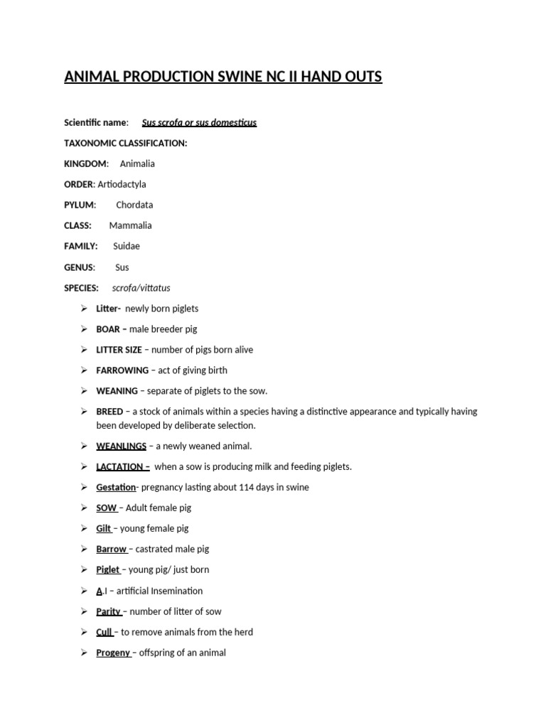 ANIMAL PRODUCTION SWINE NC II Handouts All Competency | PDF | Pig ...