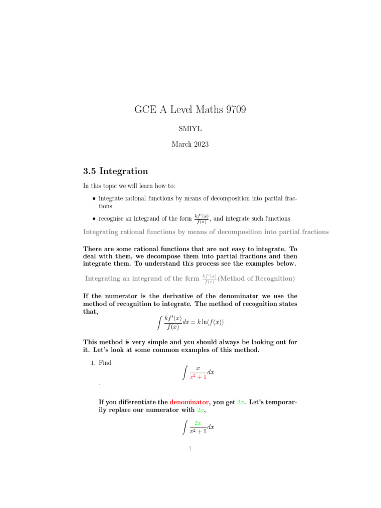 Gce A Level Integration Rational Functions To Partial Fractions And