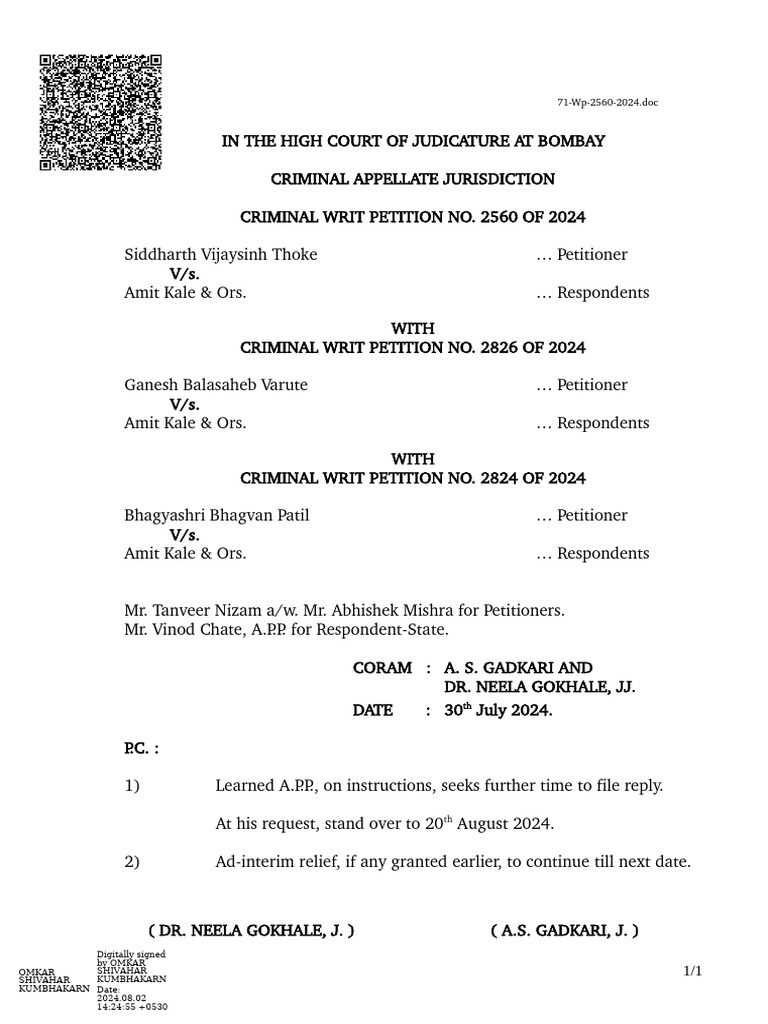 Bombay High Court Criminal Petitions 2024 | PDF | Public Law | Government Institutions