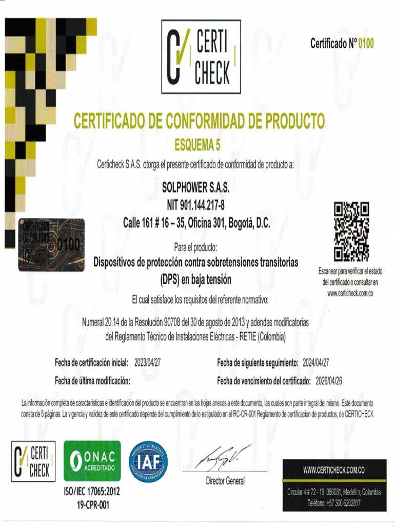 Certificado 0100 Solphower - DPS AC | PDF