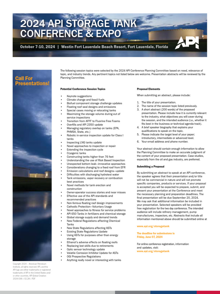 2024 API Storage Tank Conference Expo Call For Presentations | PDF | Fuels