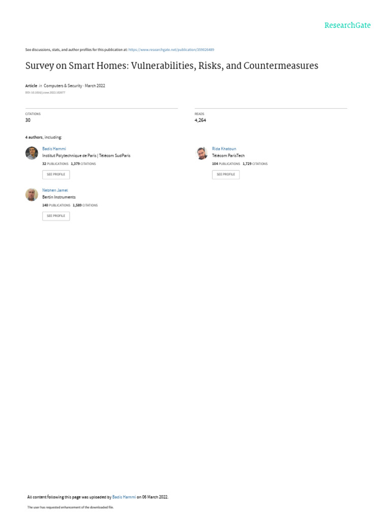 Survey On Smart Homes Vulnerabilities, Risks, and Countermeasures | PDF