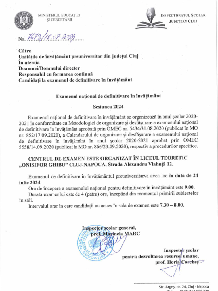 Anunt Desfasurare Examen de Definitivare in Invatamant 2024 | PDF