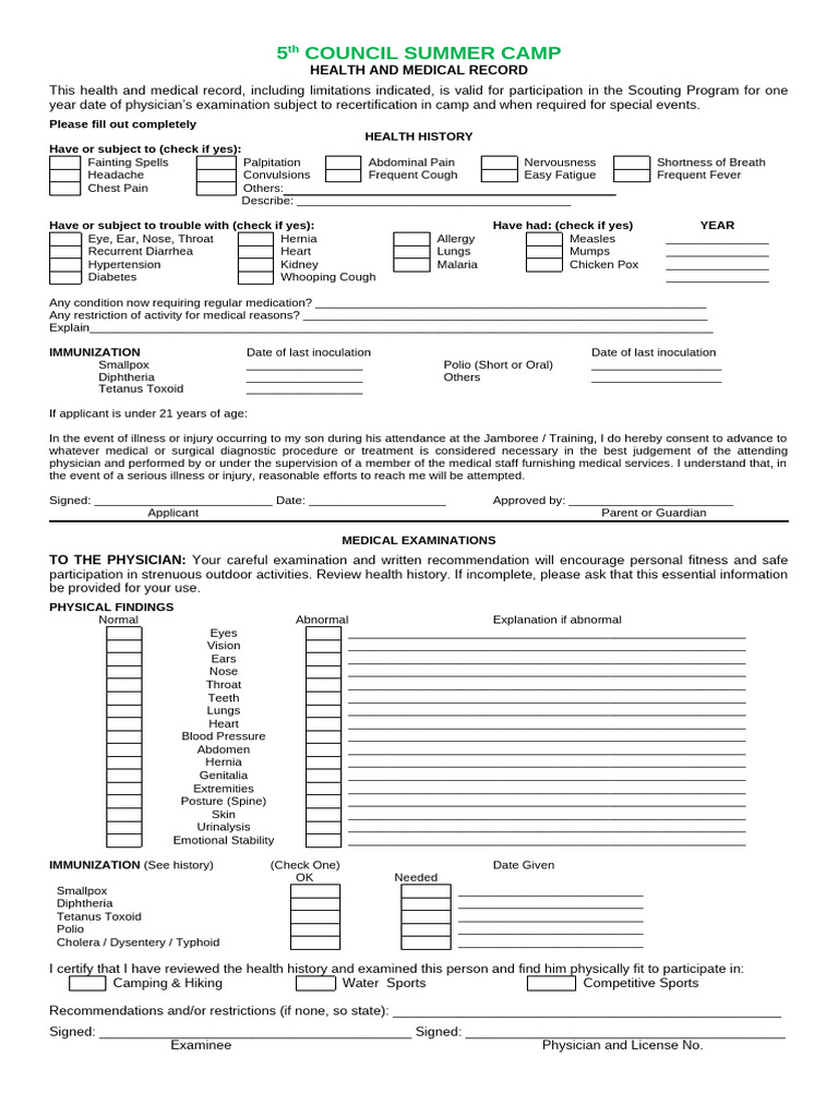 Summer Camp Health Certification Form | PDF | Cough | Smallpox