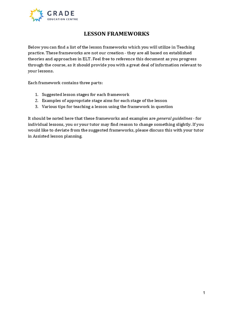 11 - Lesson Frameworks (With Stage Aims) | PDF
