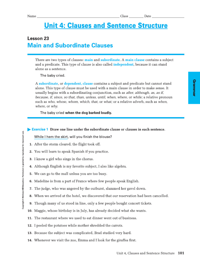 Grammar - Main and Subordinate Clauses Q's | PDF