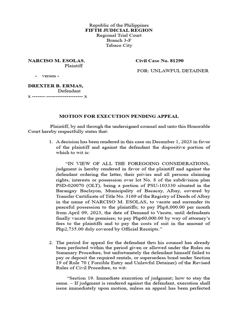 Motion For Execution Pending Appeal | PDF