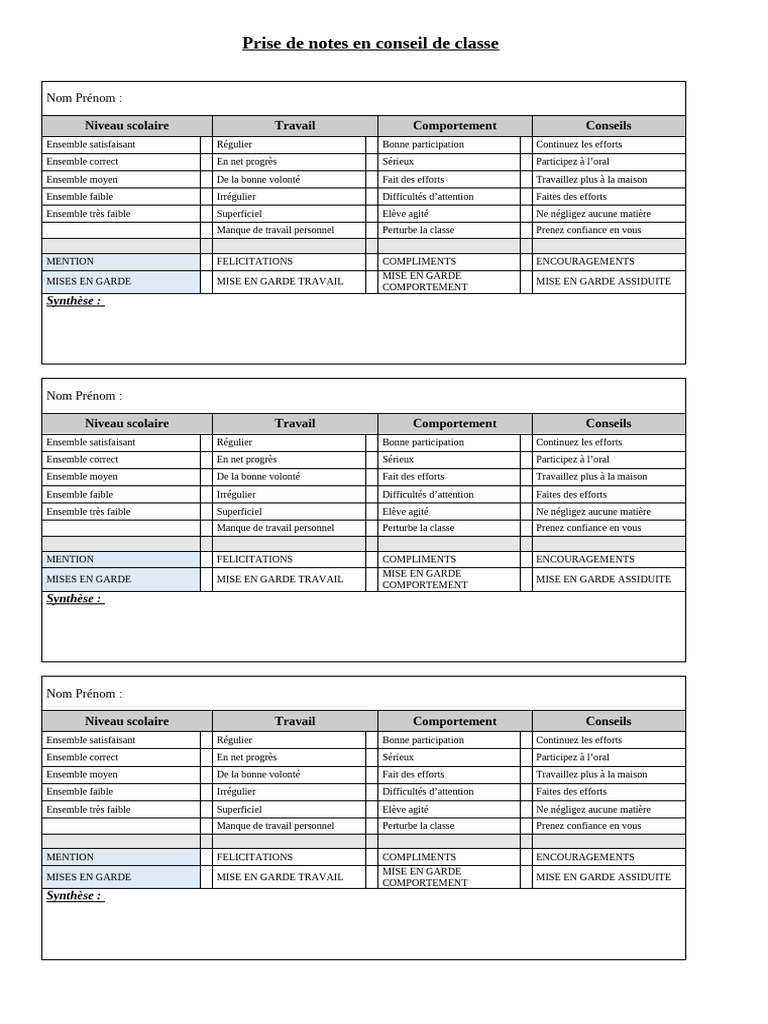 Prise de Note en Conseil de Classe | PDF