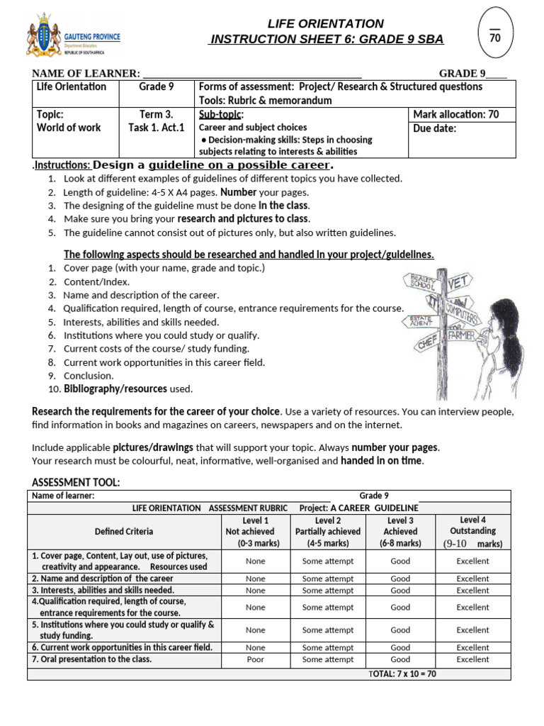 Instruction Sheet 6, Gr.9 Term 3 Act. 1, Choosing A Career, Project. | PDF