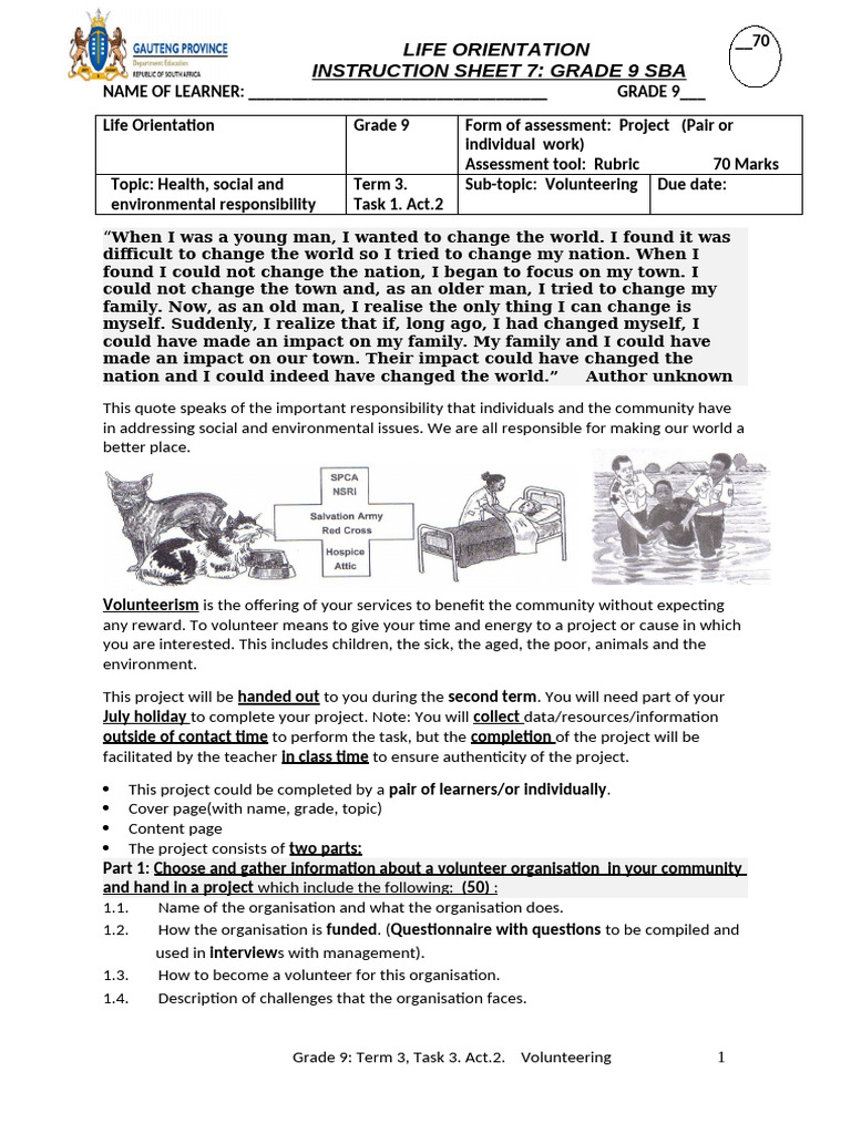 Instruction Sheet 7, Gr.9, Term 3 Task 3 Act. 2. Volunteering (Pair Work) | PDF