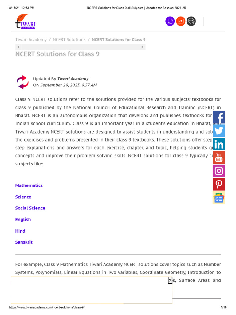 NCERT Solutions For Class 9 All Subjects - Updated For Session 2024-25 ...