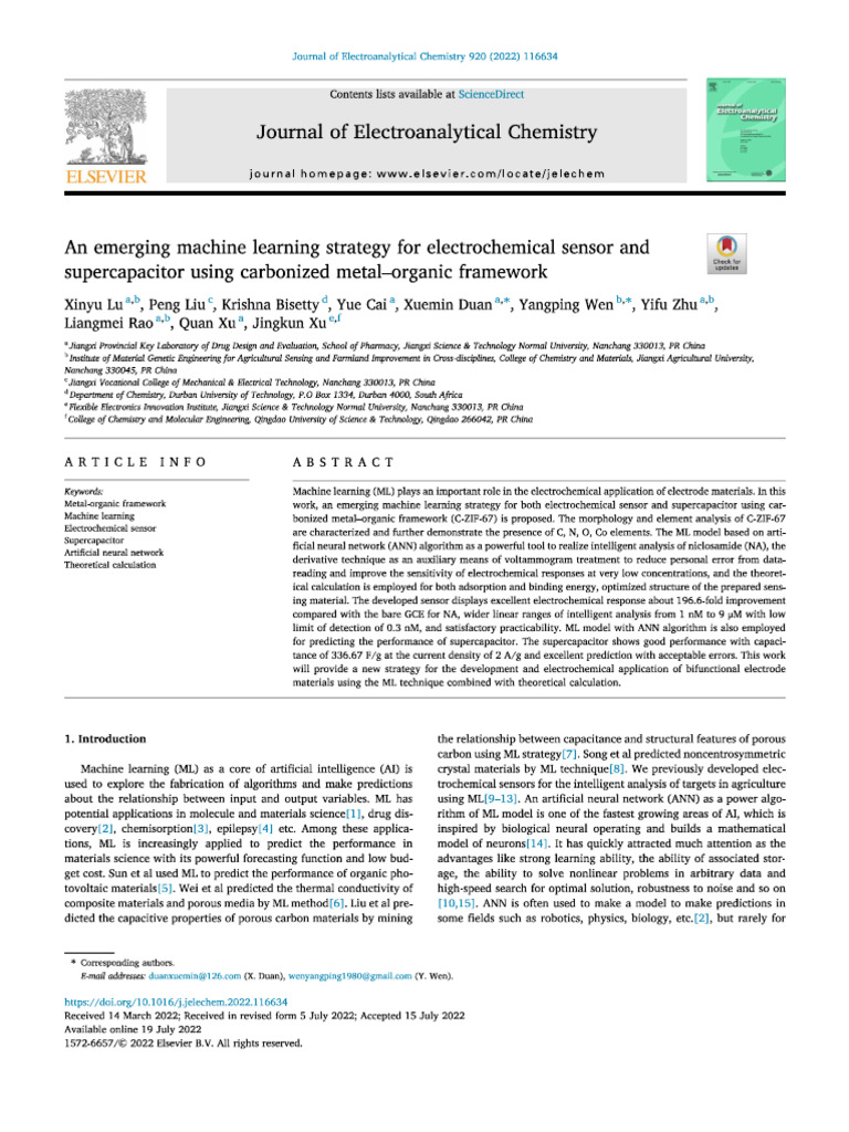 Machine Learning Strategy For Electrochemical Sensor SC MOF | PDF