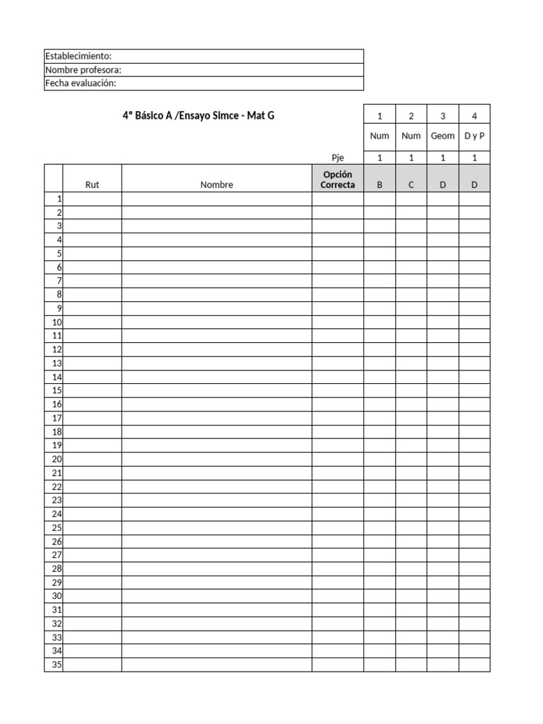 Planilla Ensayo Simce Matem Tica G 4ß B Sico | PDF