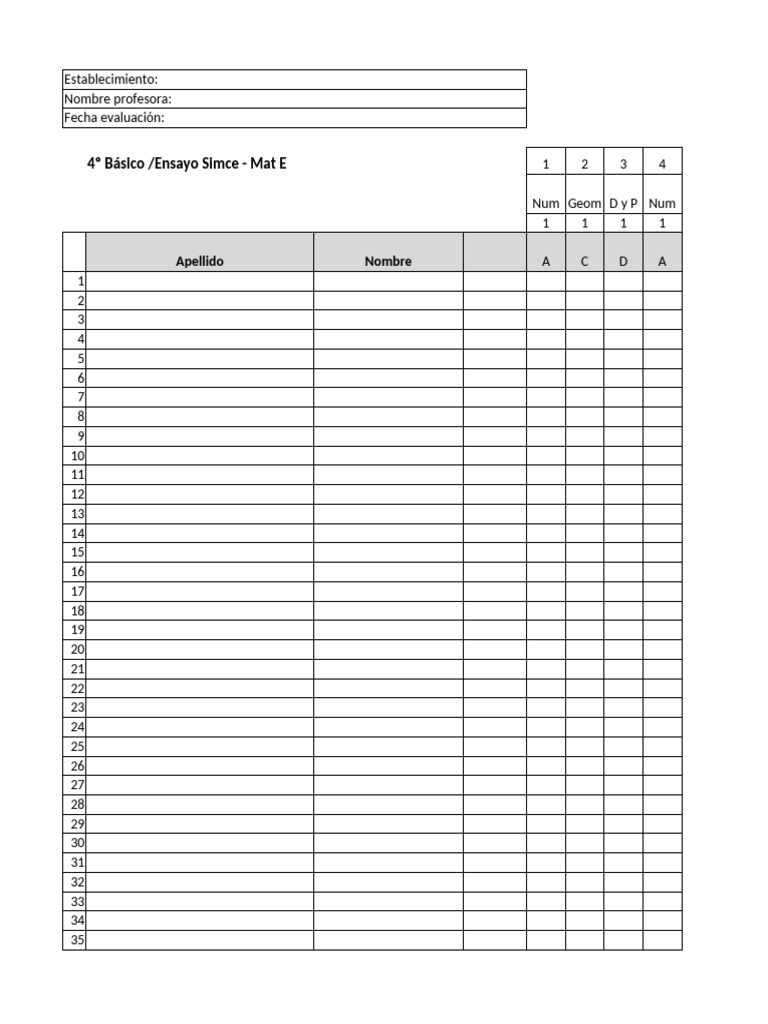 Planilla Ensayo Simce Matem Tica E 4ß B Sico | PDF