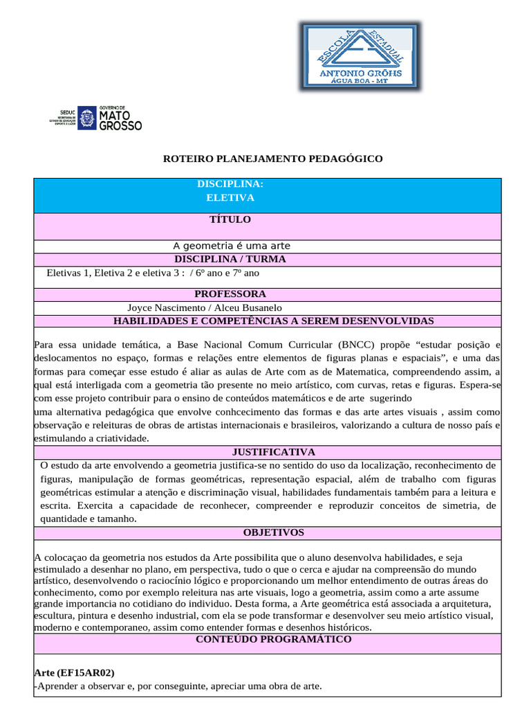 Projeto de Eletiva A Geometria É Uma Arte | PDF | Geometria | Arte