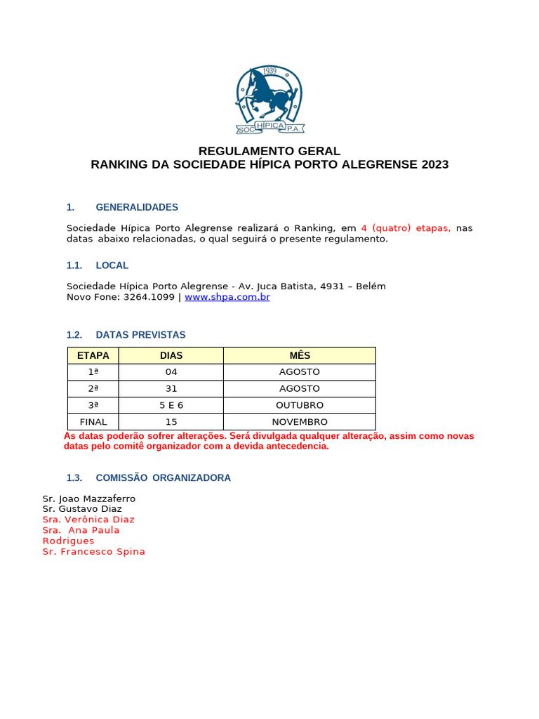Ranking SHPA 2023: Regulamento e Etapas | PDF