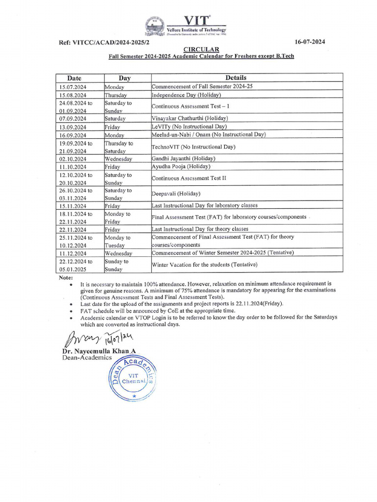 Fall Semester 2024-2025 - Academic Calendar For Freshers Except B.Tech ...