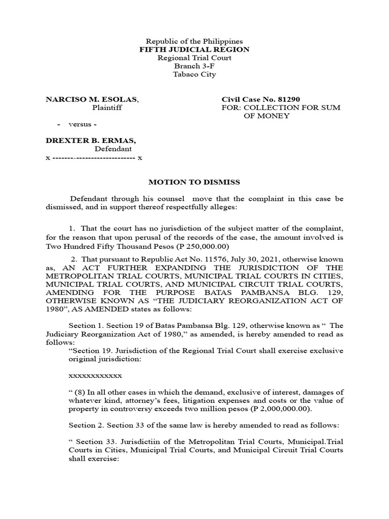 Motion To Dismiss For Lack of Jurisdiction of Subject Matter | PDF