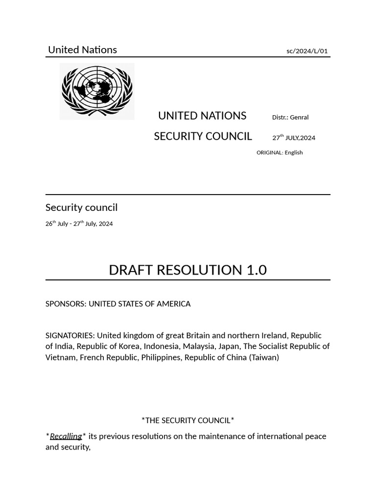 Draft Resolution Unsc 2024 Quest | PDF