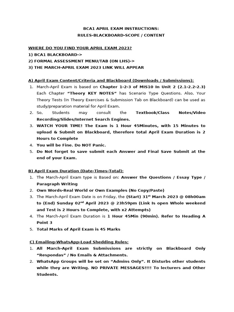BCA1 - April Exam Instruction & Rules | PDF