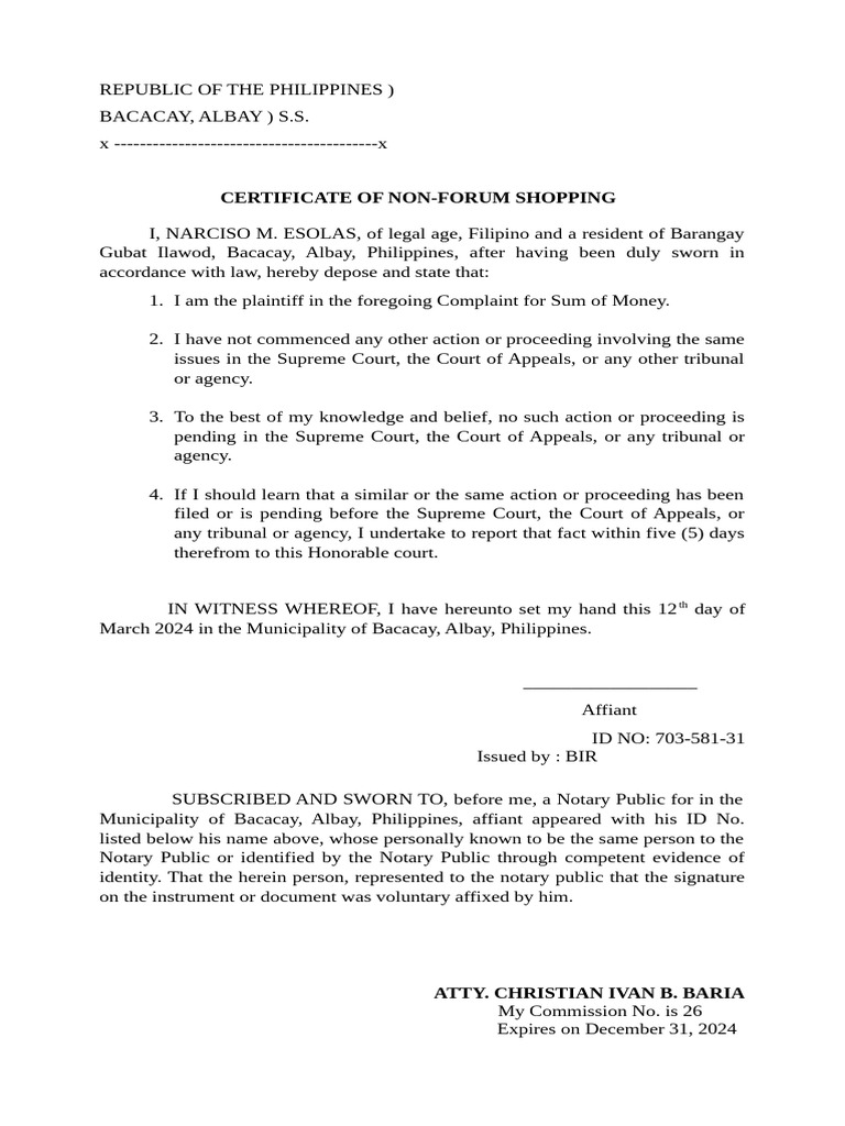 CERTIFICATE OF NON-FORUM SHOPPING | PDF