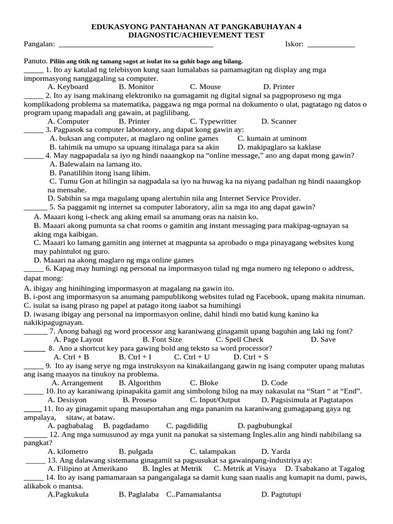 EPP DIAGNOSTIC Test 2024 2025 | PDF