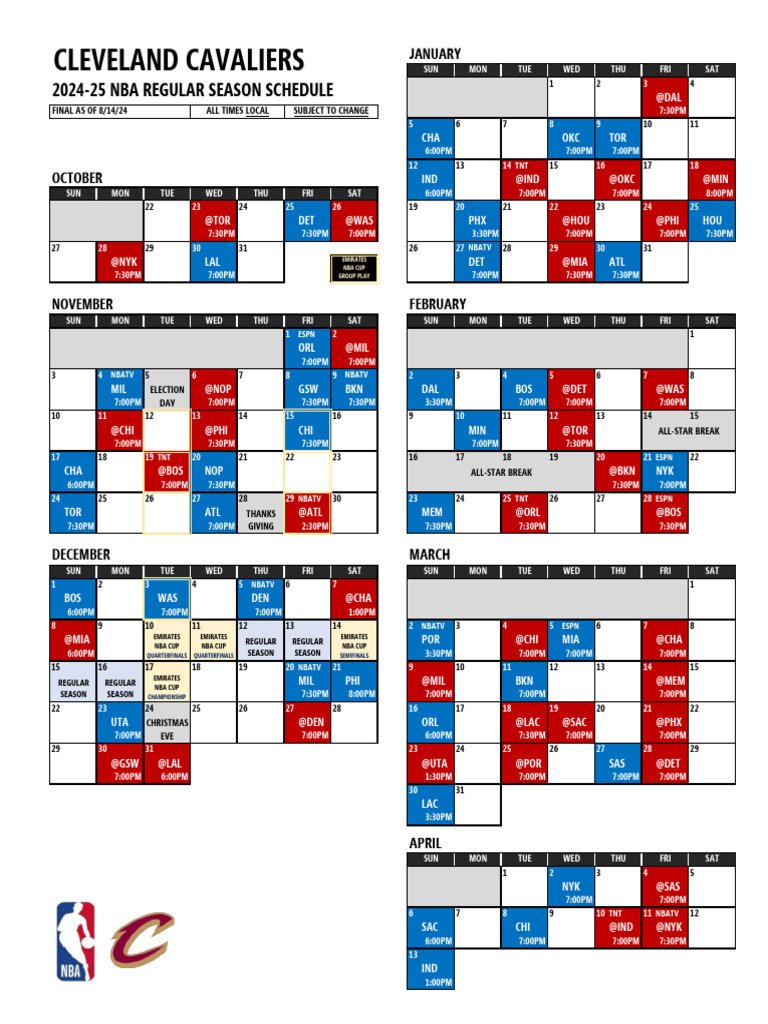 Cavaliers 2024-25 Regular Season Schedule | PDF